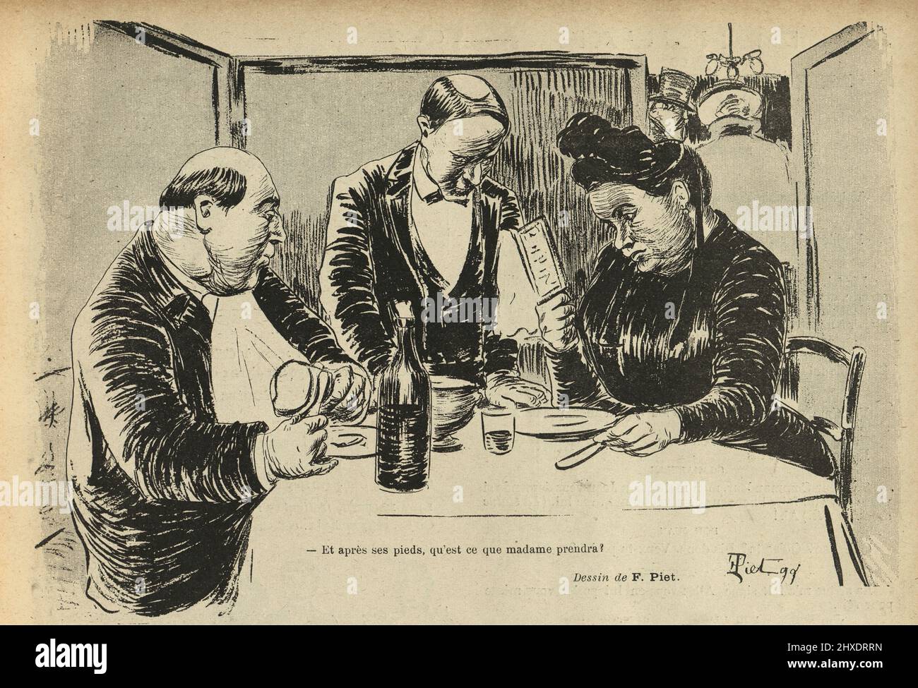 Vintage French cartoon, Rude waiter serving mature man and woman in a ...