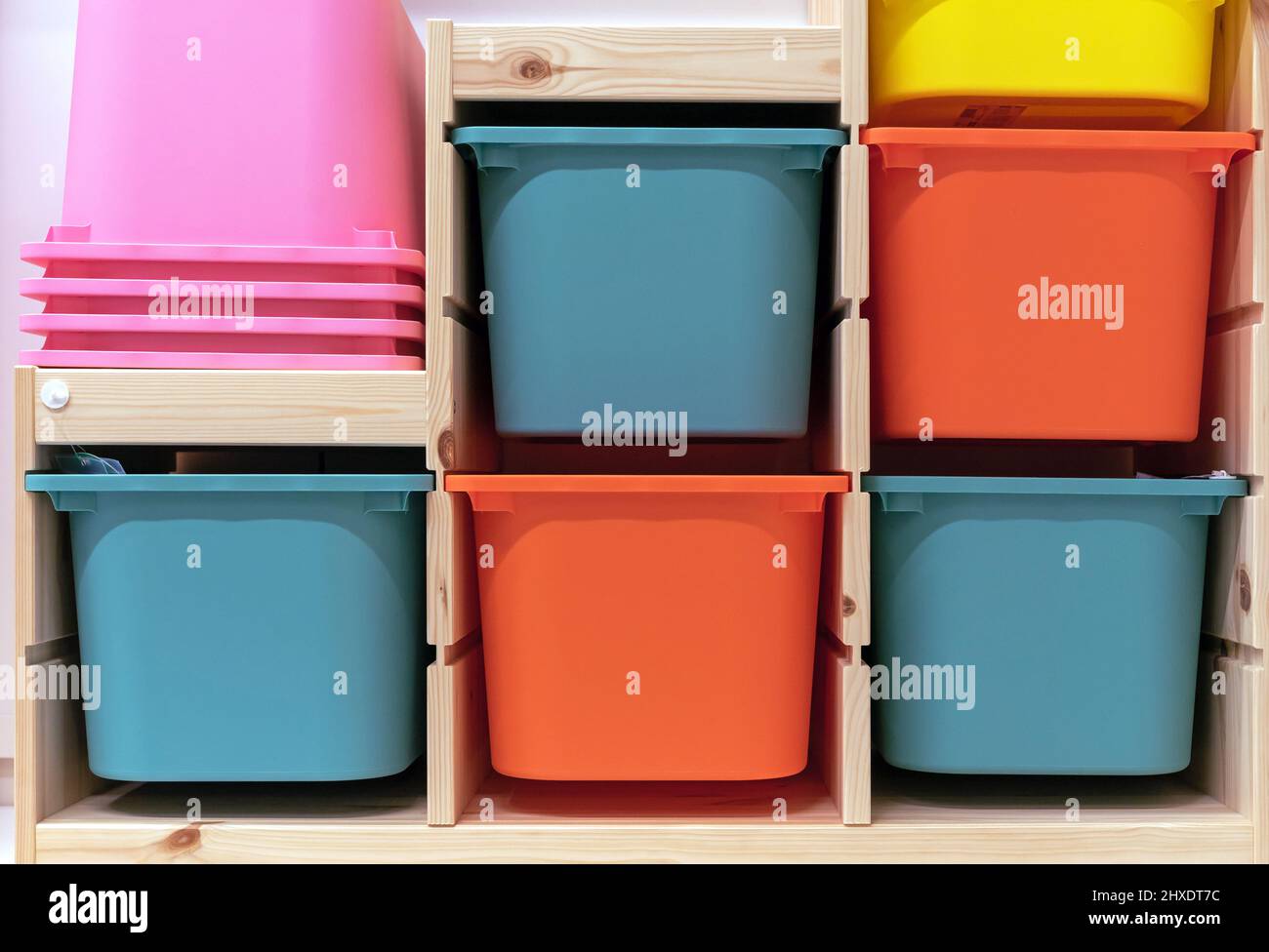 Multi-colored plastic containers for storing children's things Stock ...