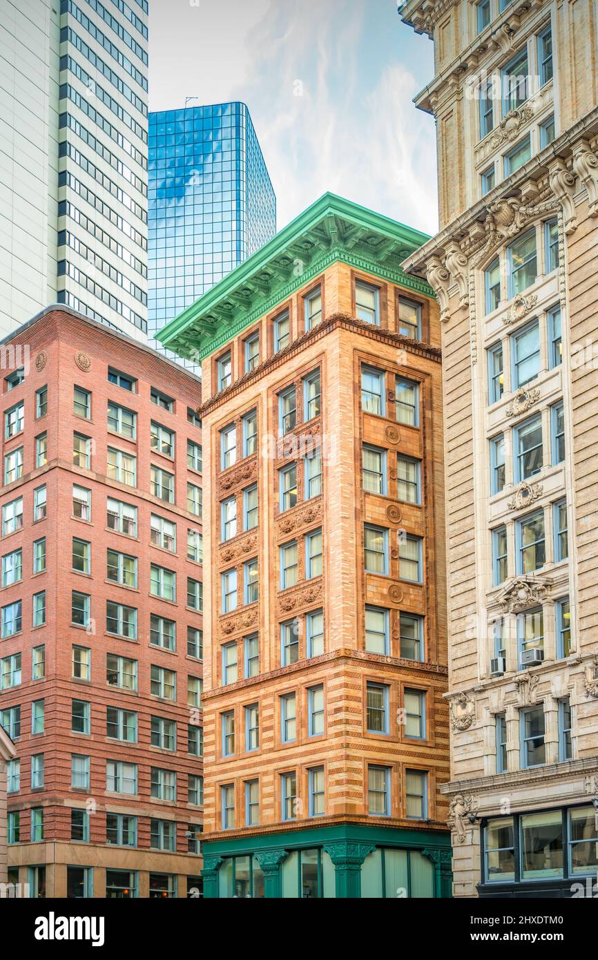 Old, ornate buildings on Washington Street in downtown Boston ...