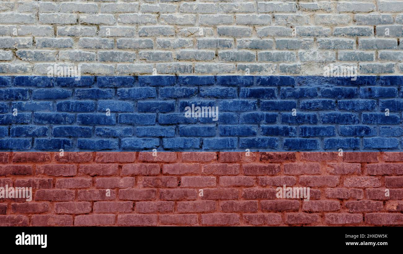 Flag of Russia on brick wall background on town street. Exterior old ...