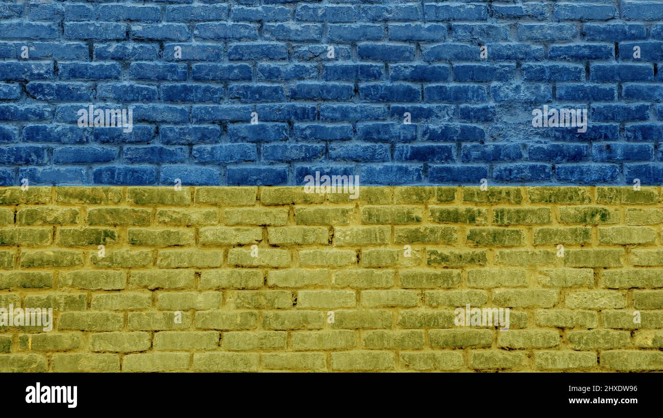 Flag of Ukraine on brick wall background on town street. Exterior old ...