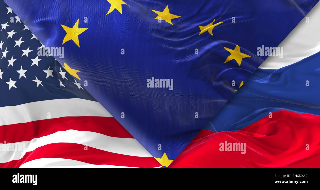 Three flags. USA United States of America , EU European Union and ...