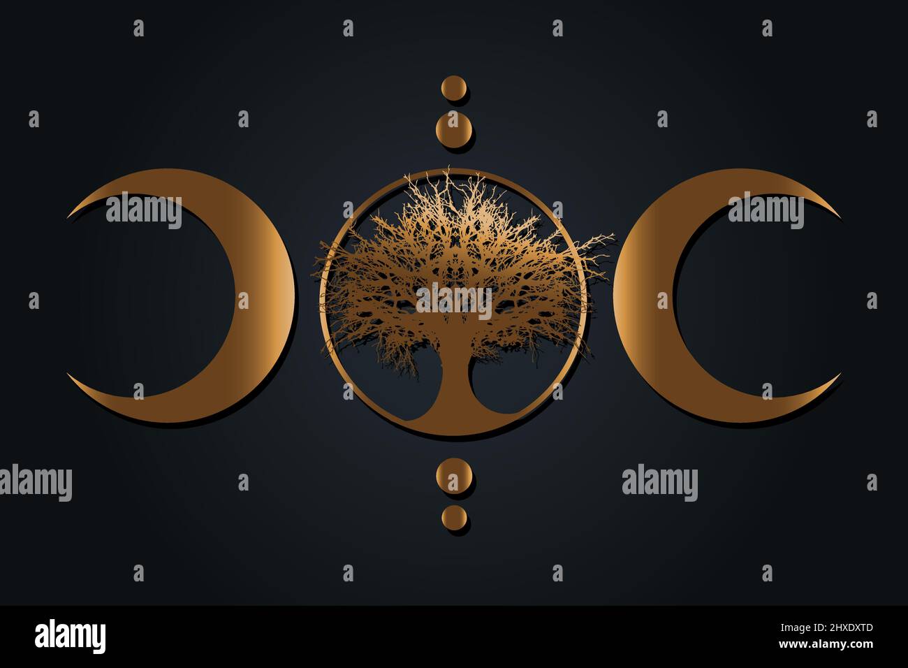 Gold Mystical Moon, tree of life Wicca sign. Sacred geometry. Golden luxury Logo, Crescent moon ...