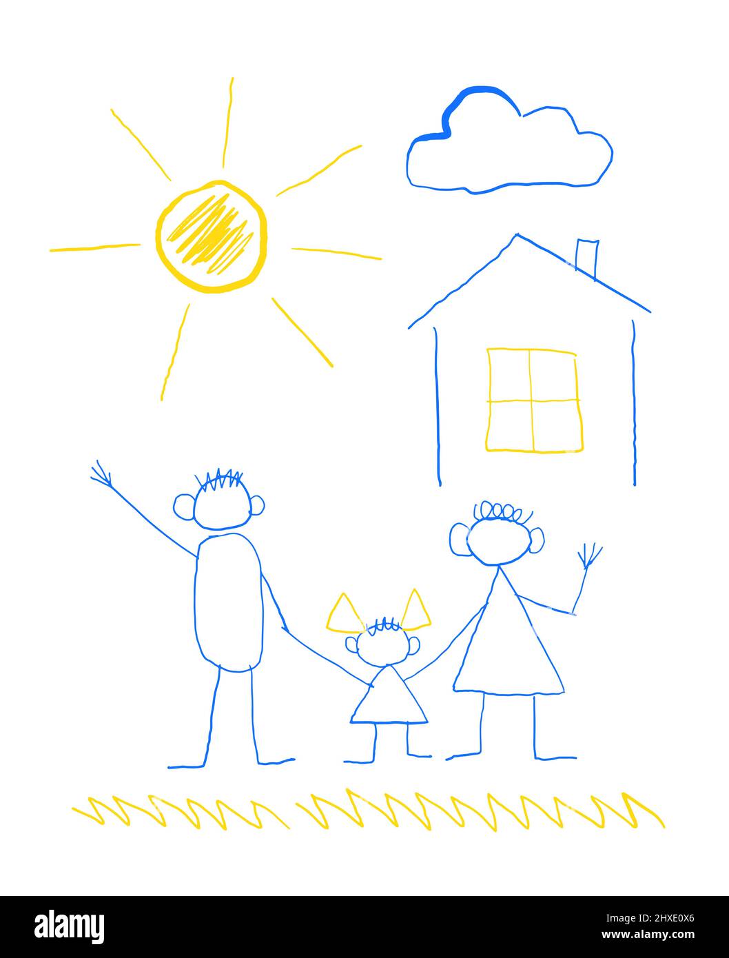 Family, children drawing style, with sun and house. peace concept ...