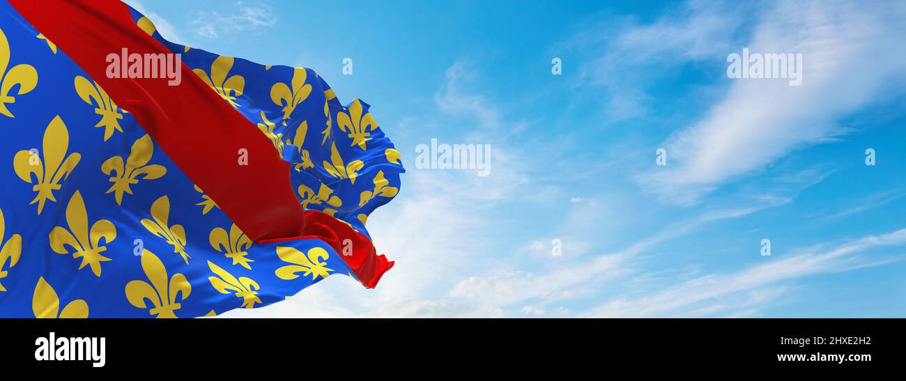 flag of department of Allier, France at cloudy sky background on sunset ...
