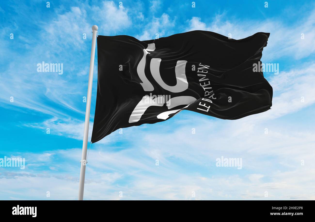 flag of department of Jura, France at cloudy sky background on sunset ...