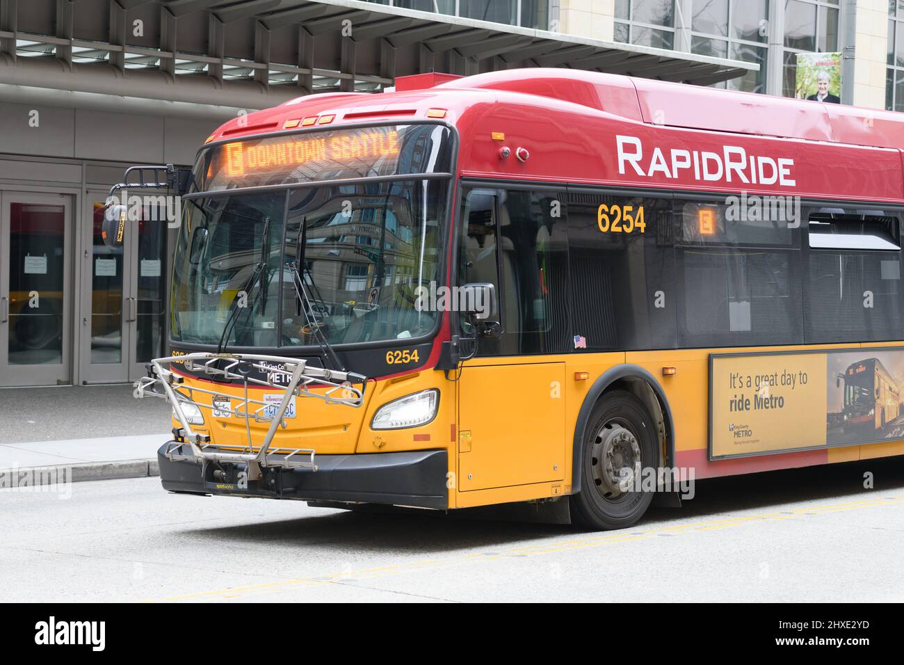 Seattle, - March 06, 2022; New Flyer Industries Rapid Ride bus on King County Metro route E in ...