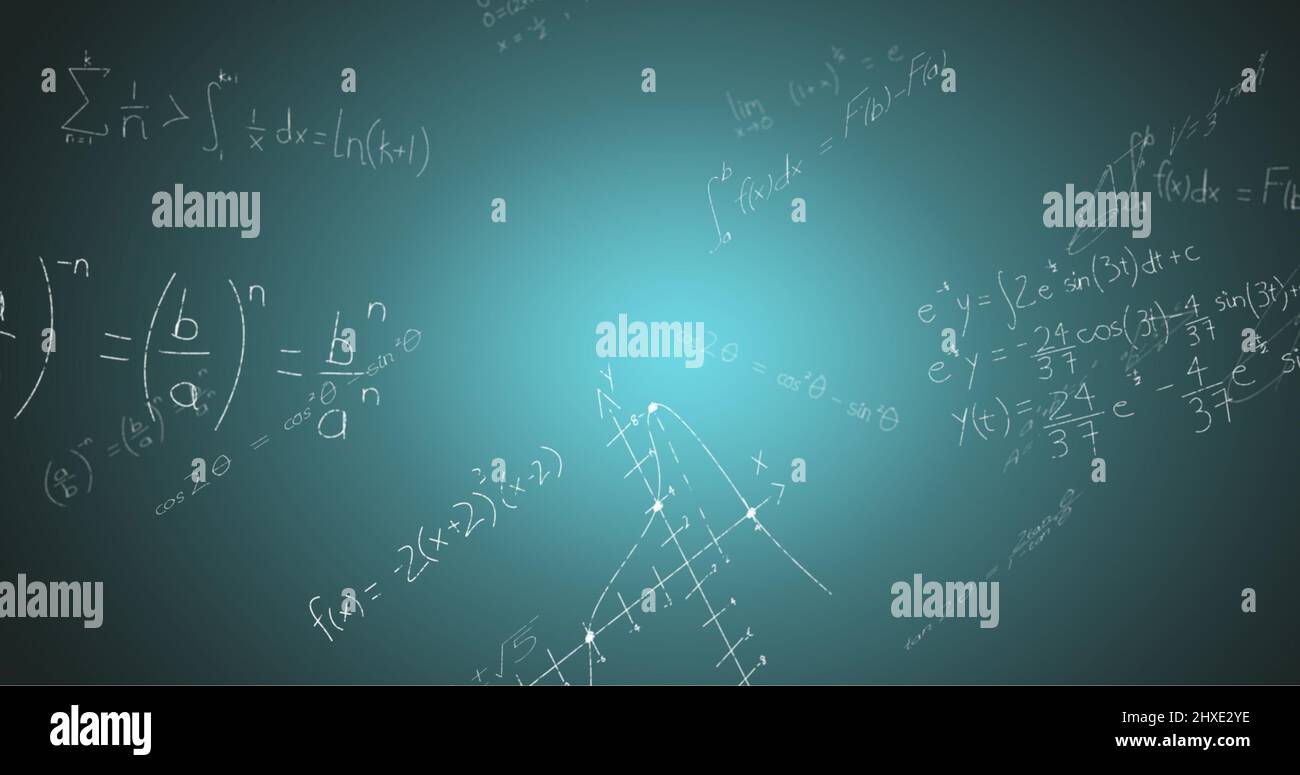 Image of handwritten mathematical formulae over blue background Stock ...