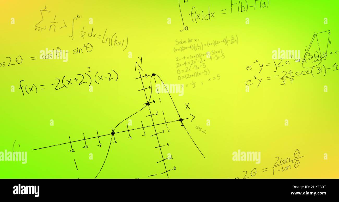 Image of hand written mathematical formulae over yellow background ...