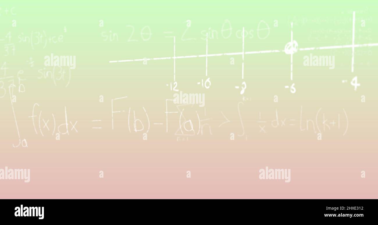 Image of handwritten mathematical formulae over green to pink ...