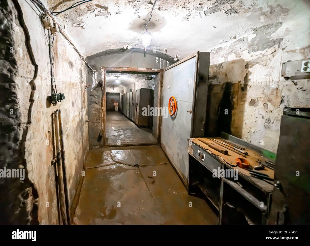 Narrow passage inside Bunker 703 museum, Moscow, Russia. Concept ...