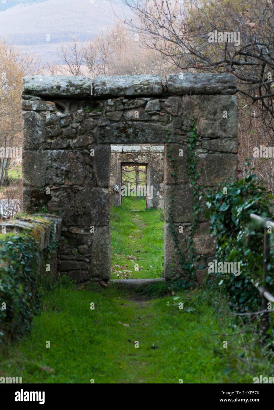 Arch-shaped stone gate on green path in autumn in vertical Stock Photo ...