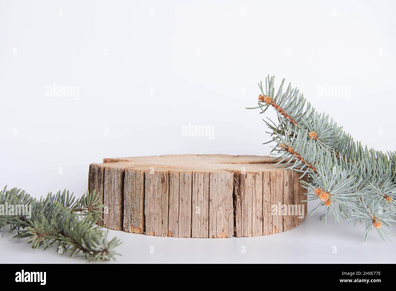Wooden stand for goods. Stand mockup. New Year's card for advertising ...