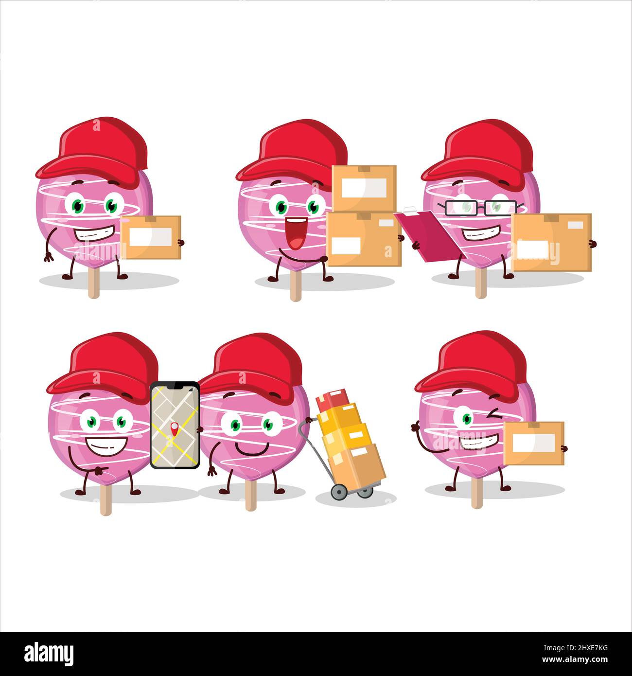 Cartoon character design of pink lolipop love working as a courier ...