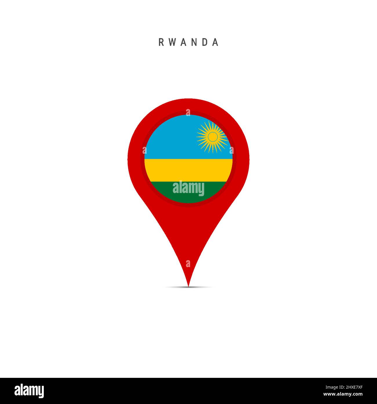 Teardrop map marker with flag of Rwanda. Rwandan flag inserted in the location map pin. Flat ...