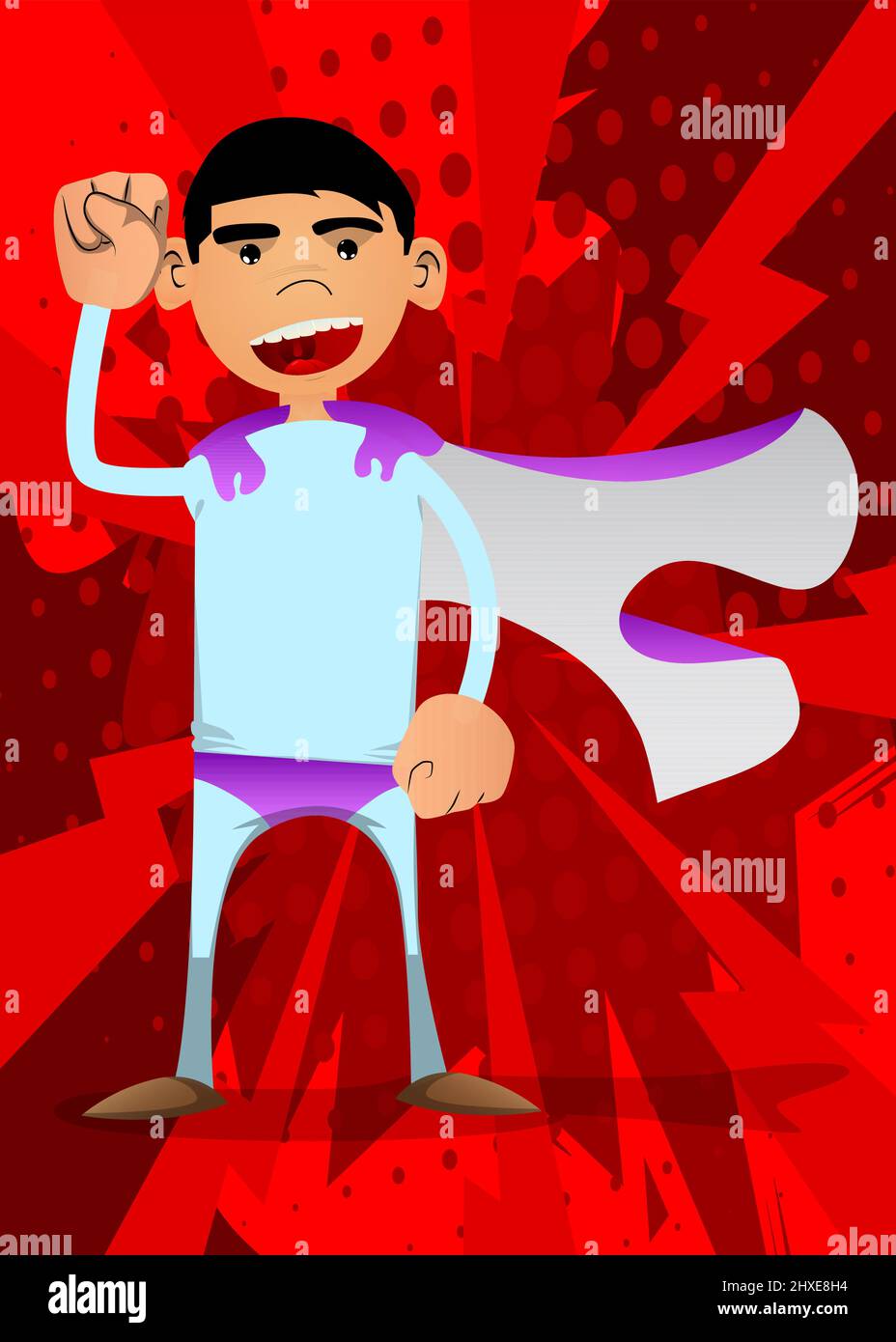 Funny cartoon man dressed as a superhero making power to the people ...