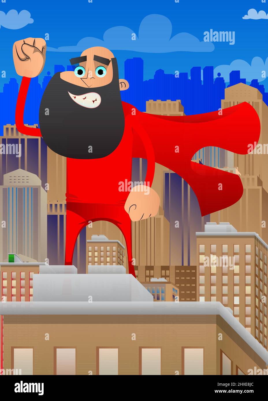 Funny cartoon man dressed as a superhero making power to the people ...