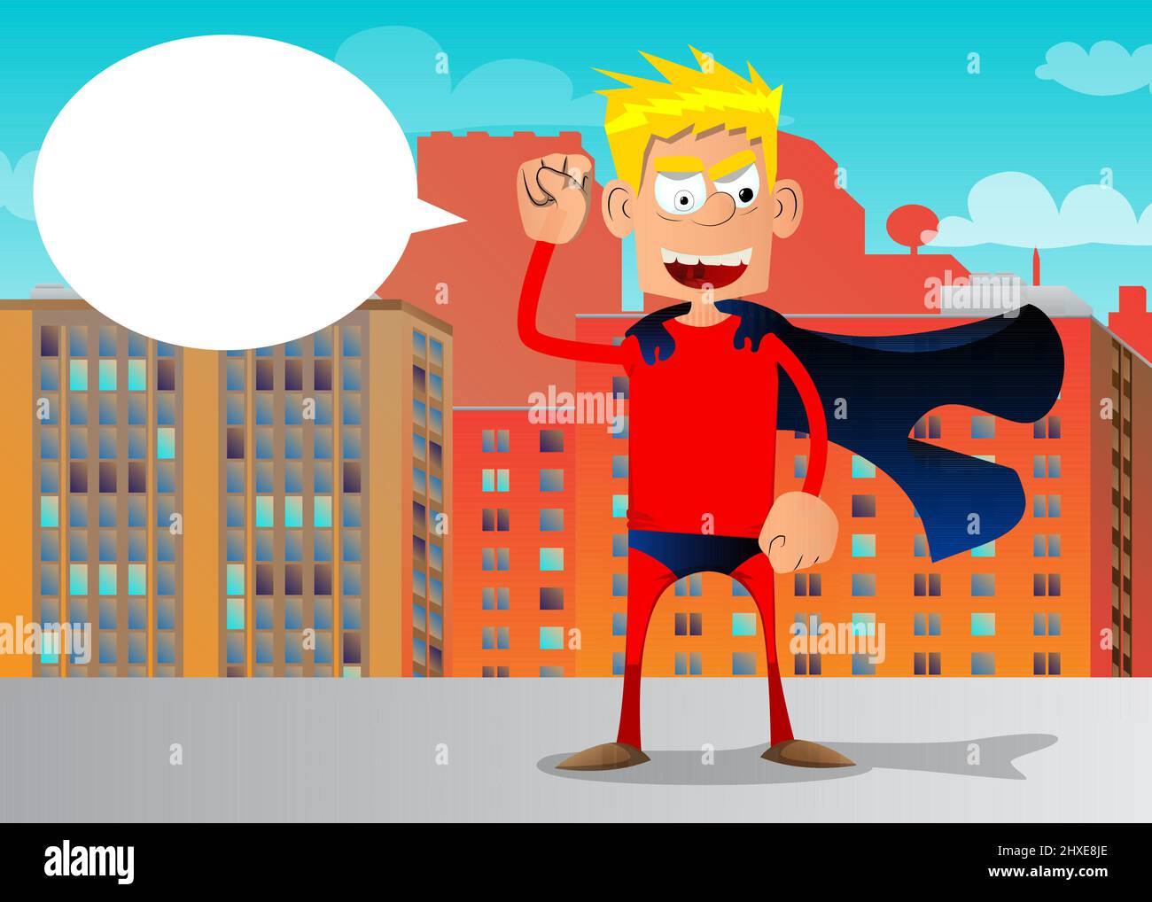 Funny cartoon man dressed as a superhero making power to the people ...