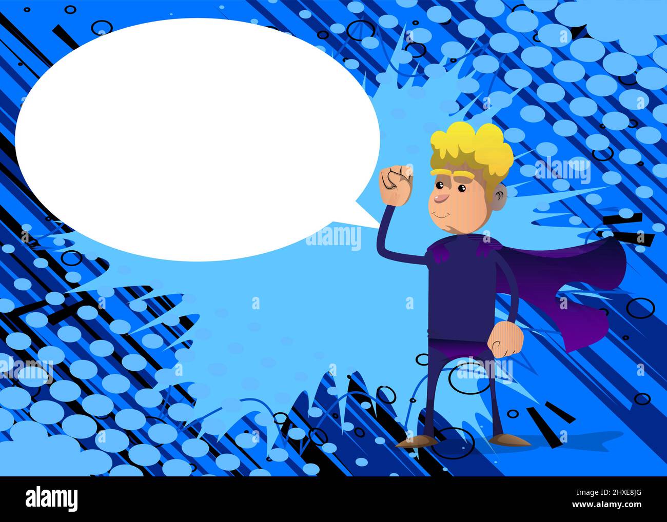 Funny cartoon man dressed as a superhero making power to the people ...