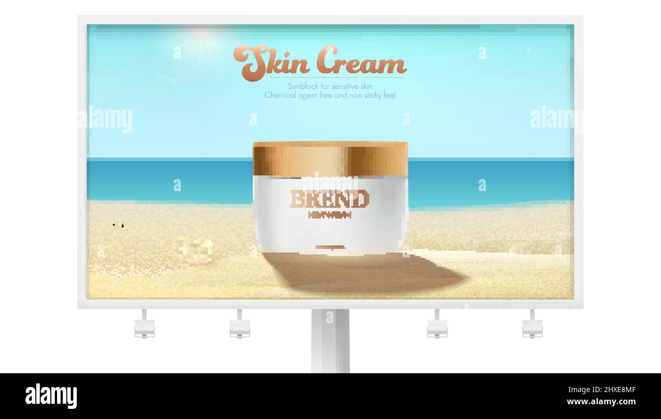 Cosmetic cream in sand on background of sea and beach. Beach scene ...