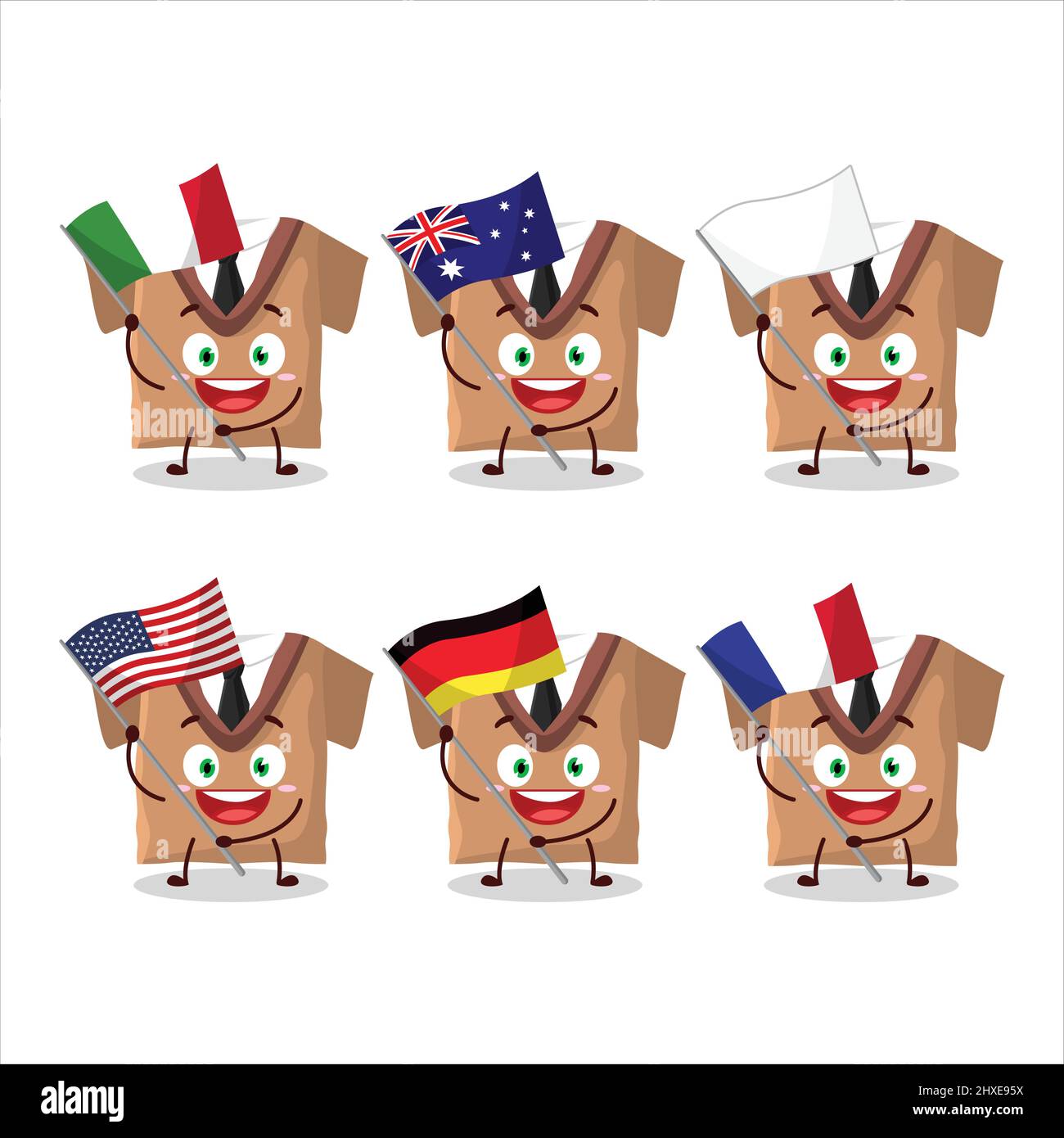 School uniform brown cartoon character bring the flags of various ...