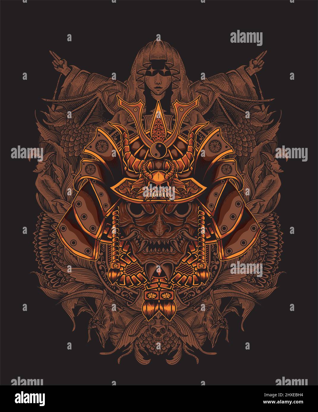 illustration samurai head with scary engraving ornament Stock Vector ...