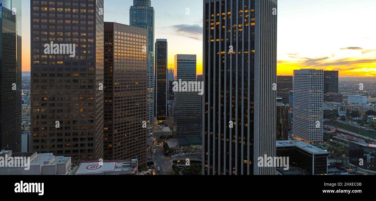 Los Angeles downtown panoramic city with skyscrapers. California theme with LA background. Los ...