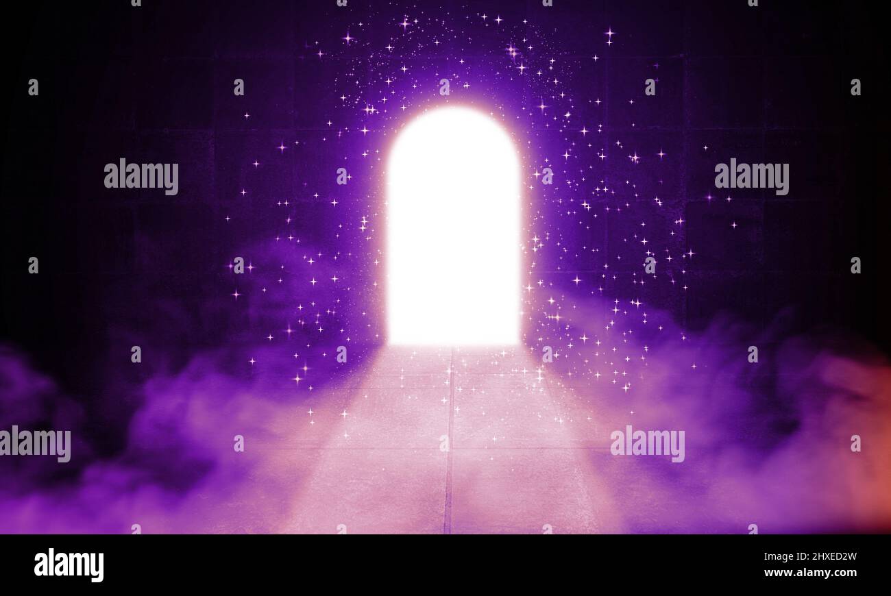 Open Starry Door with Shiny Light and Stars. Magic Foggy Doorway ...