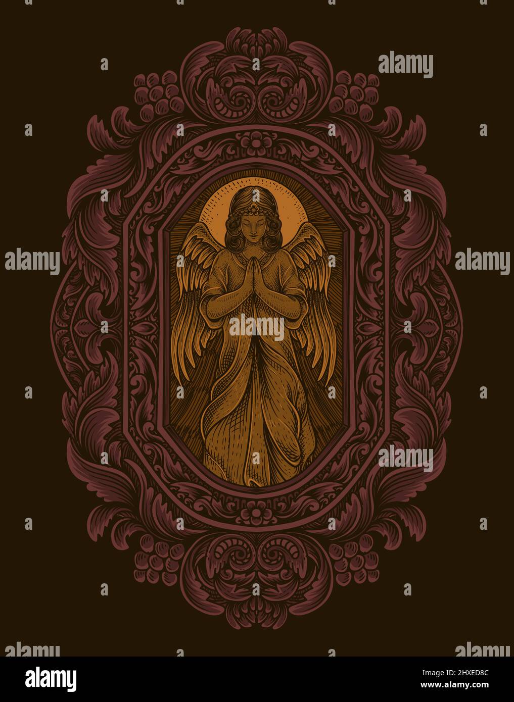 illustration praying angel with vintage engraving ornament style Stock ...
