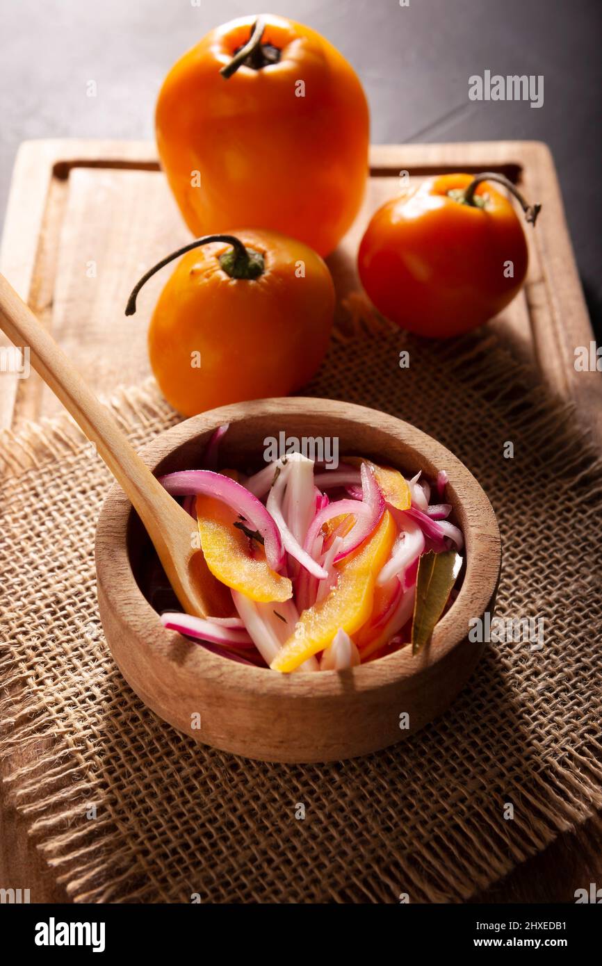Cebolla Roja Picada. Chopped purple onion with manzano chili and spices ...