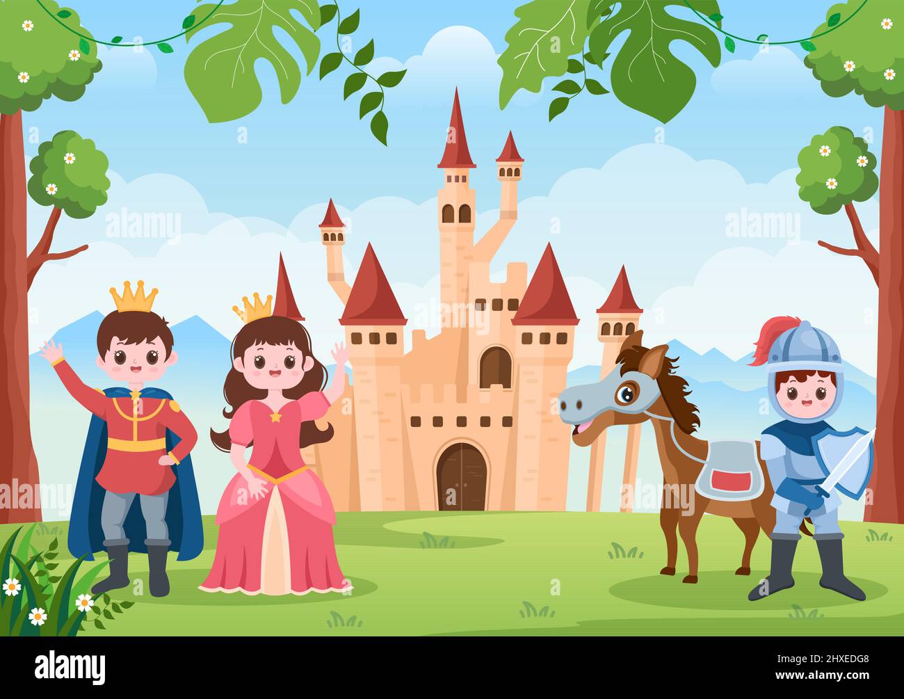 Castle with Prince and Queen Cartoon Illustration Stock Vector Image ...