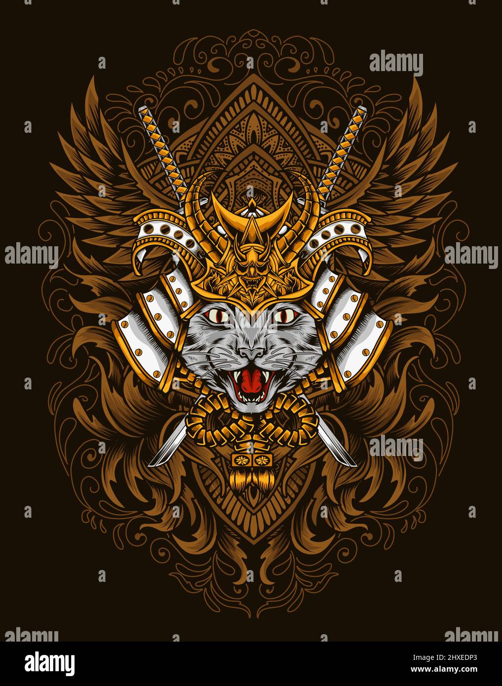 illustration cat samurai head with vintage engraving ornament Stock ...