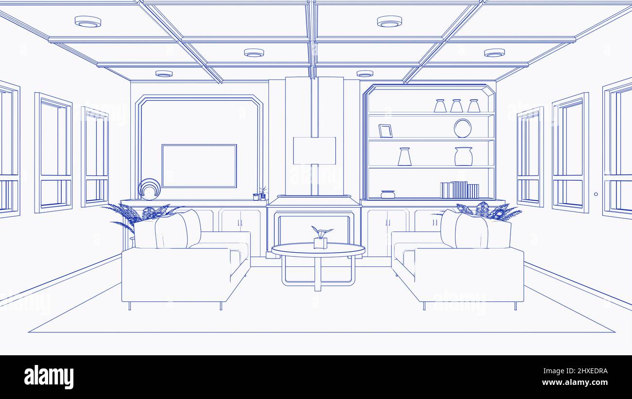 Living room interior blueprint in cosy style with sofa and lamp Stock ...