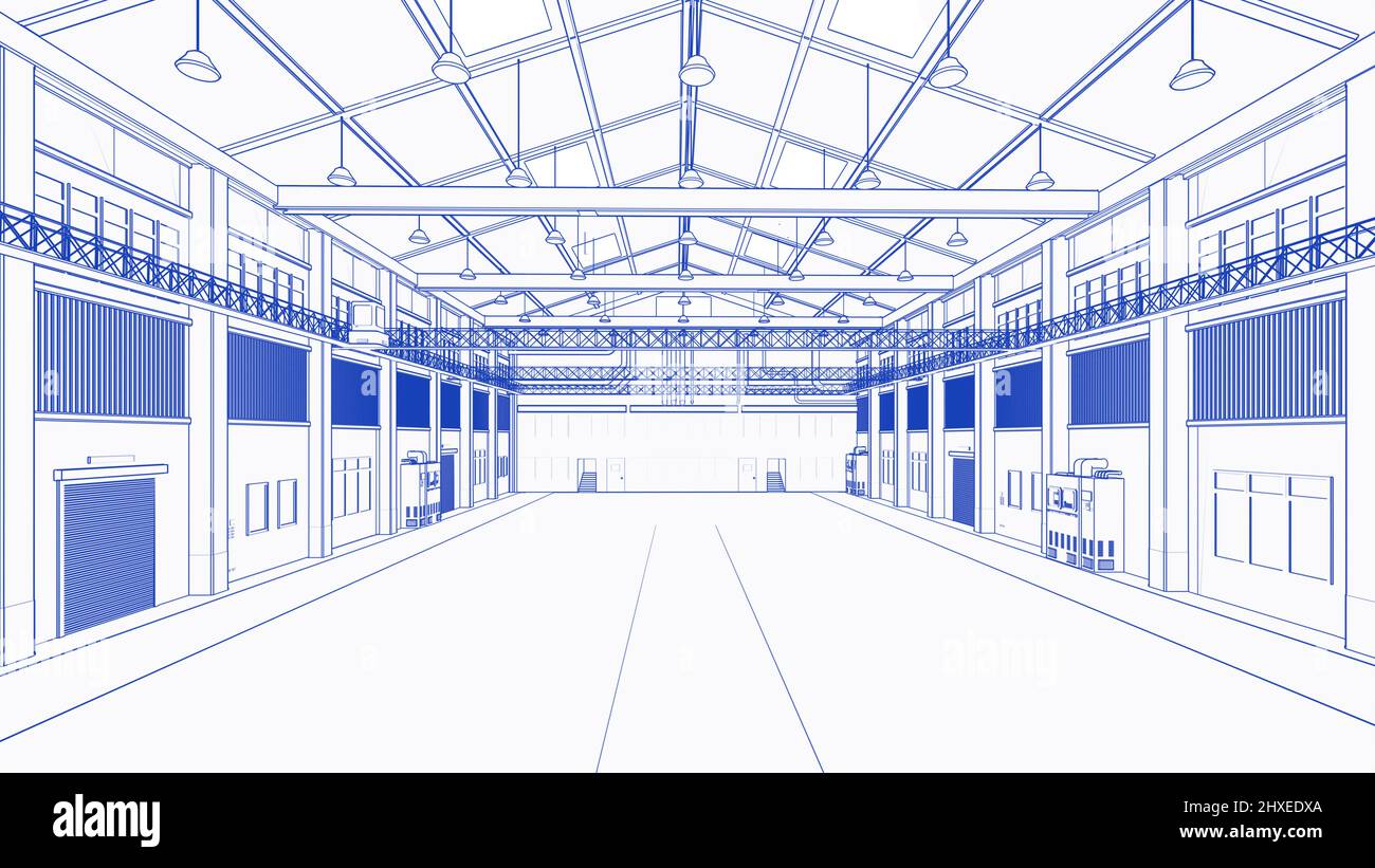 3d rendering interior empty factory blueprint with pendant lamps Stock ...