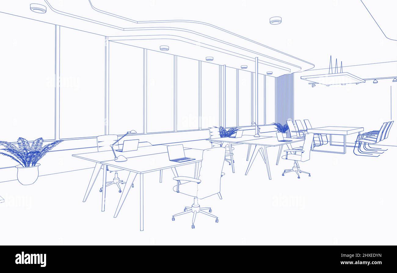 3d rendering empty office space or workspace blueprint design with ...