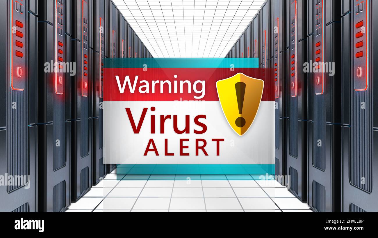 Virus alert message pop up window among network servers in a row. 3D ...
