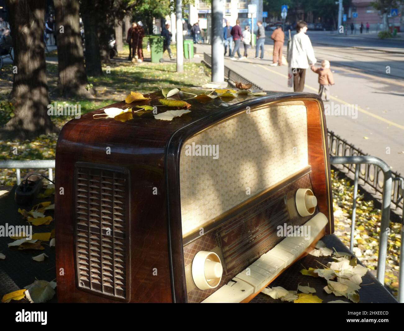 Vintage radio covered in autumn leaves next to an urban road Stock ...