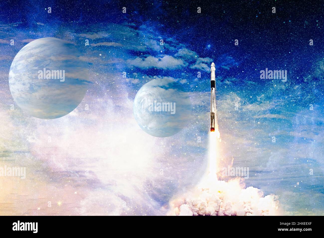 Spaceship flight. Starry sky and blue galactics. View on space shuttle ...