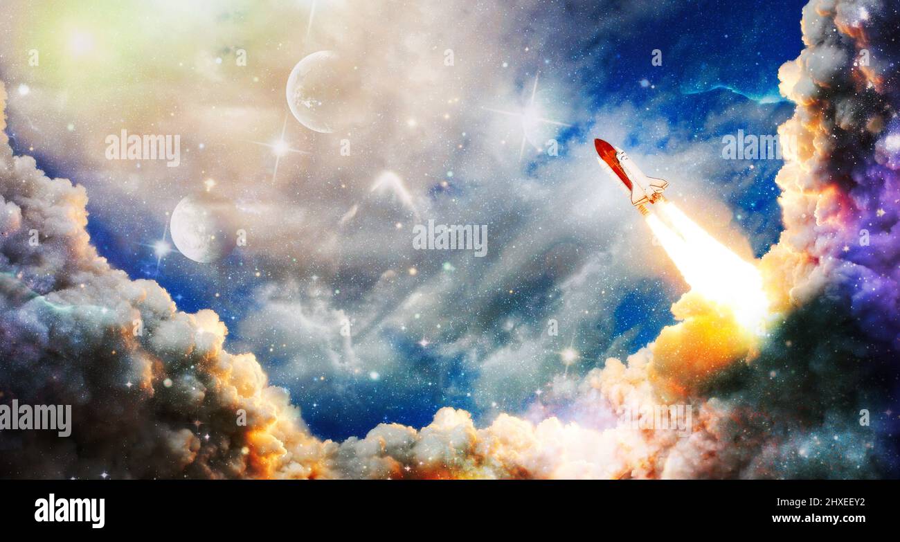 Spaceship flight. Starry sky and blue galactics. View on space shuttle ...