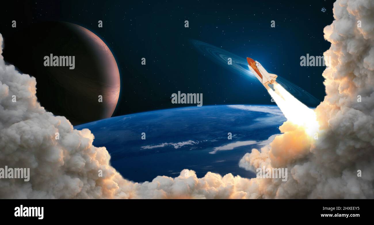 Spaceship flight. Starry sky and blue galactics. View on space shuttle ...