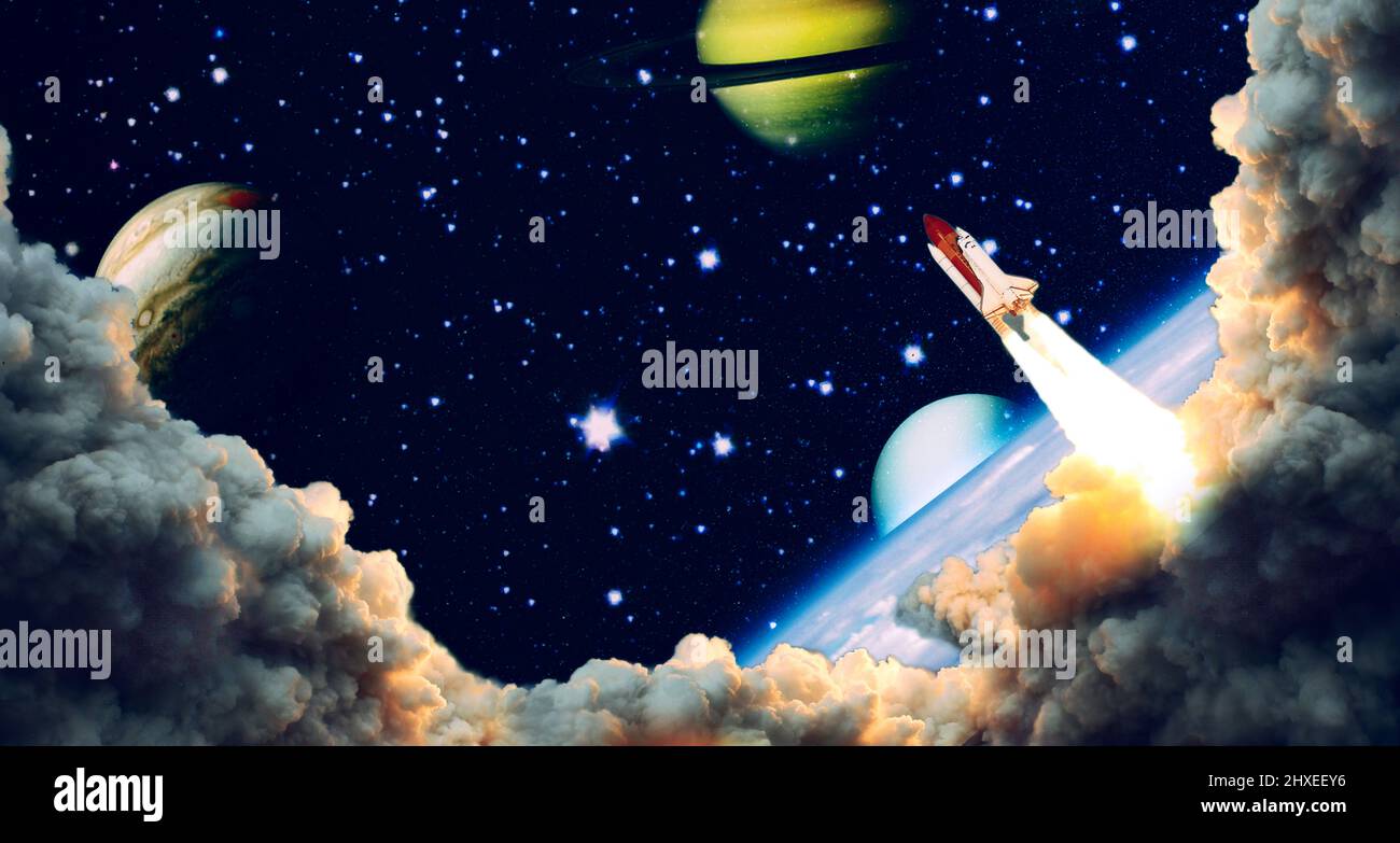 Spaceship flight. Starry sky and blue galactics. View on space shuttle ...