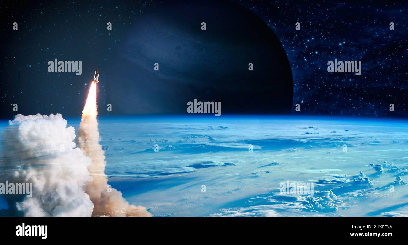 Rockets launch into space on the starry sky. Rocket starts into space ...