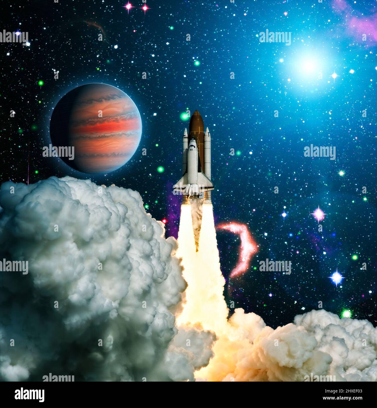 Spaceship in deep space. View on space shuttle and milky way. Elements ...