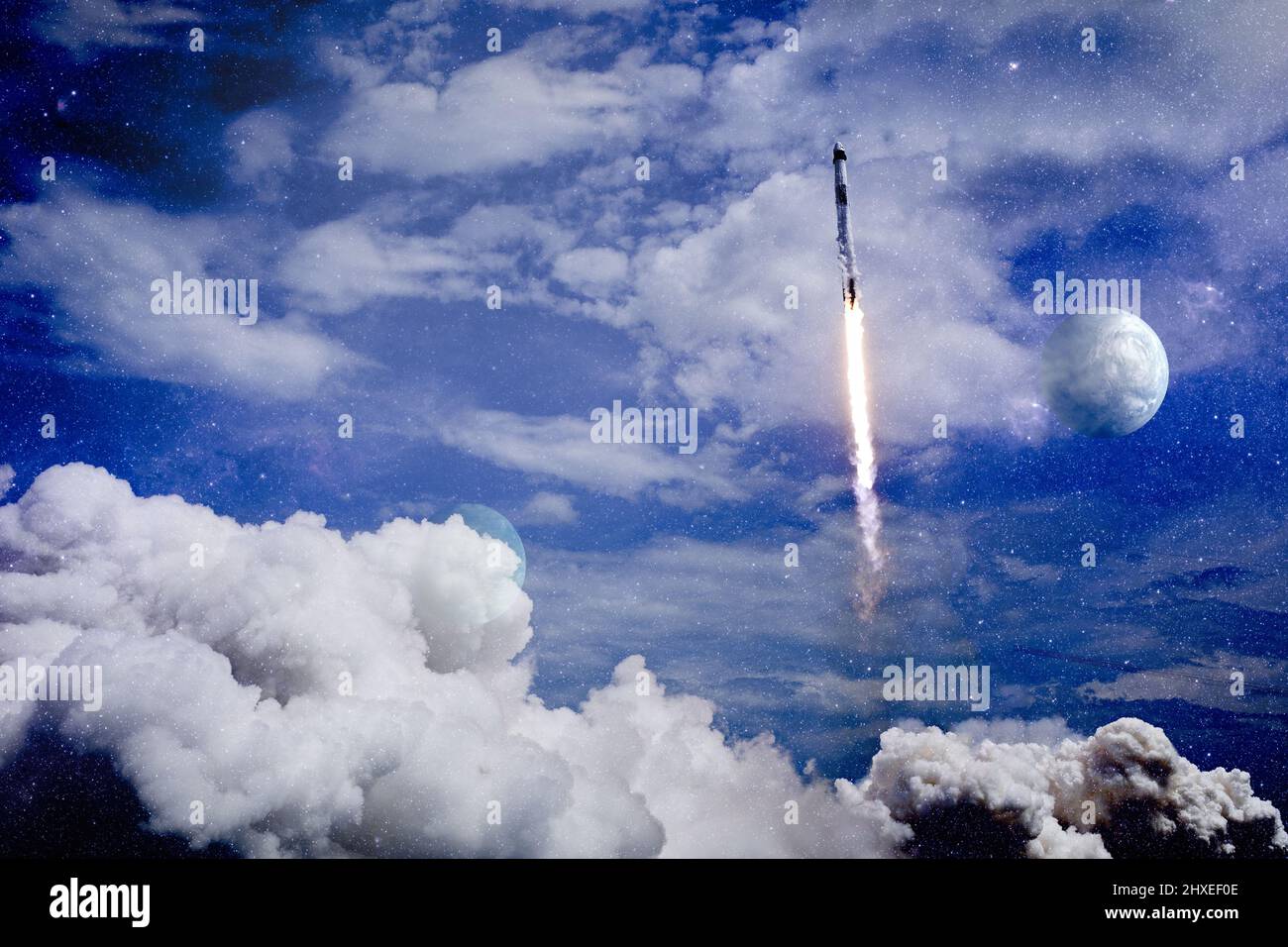 Spaceship takes off into the starry sky. Launch of Space . Elements of ...