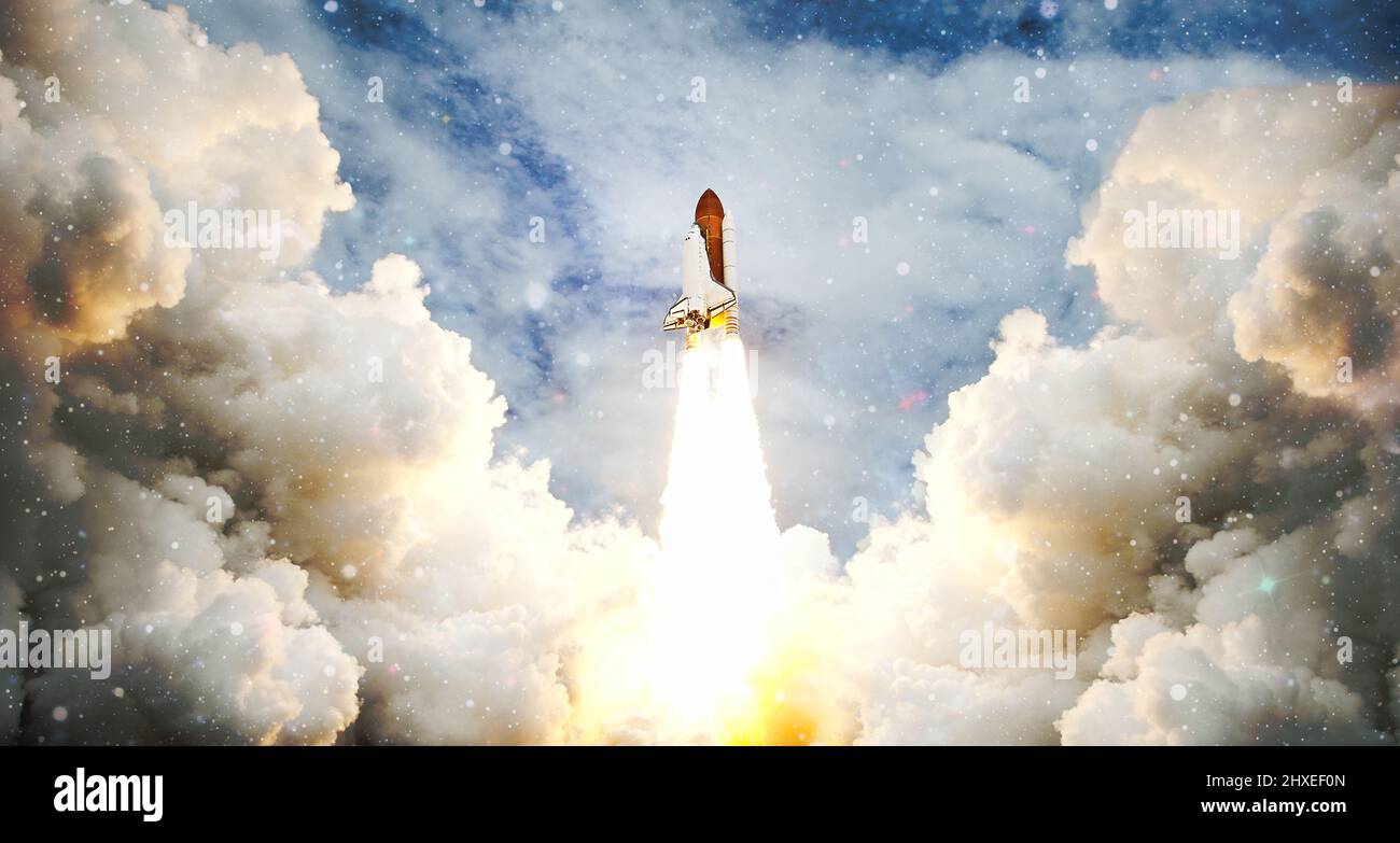 Spaceship takes off into the starry sky. Launch of Space . Elements of ...