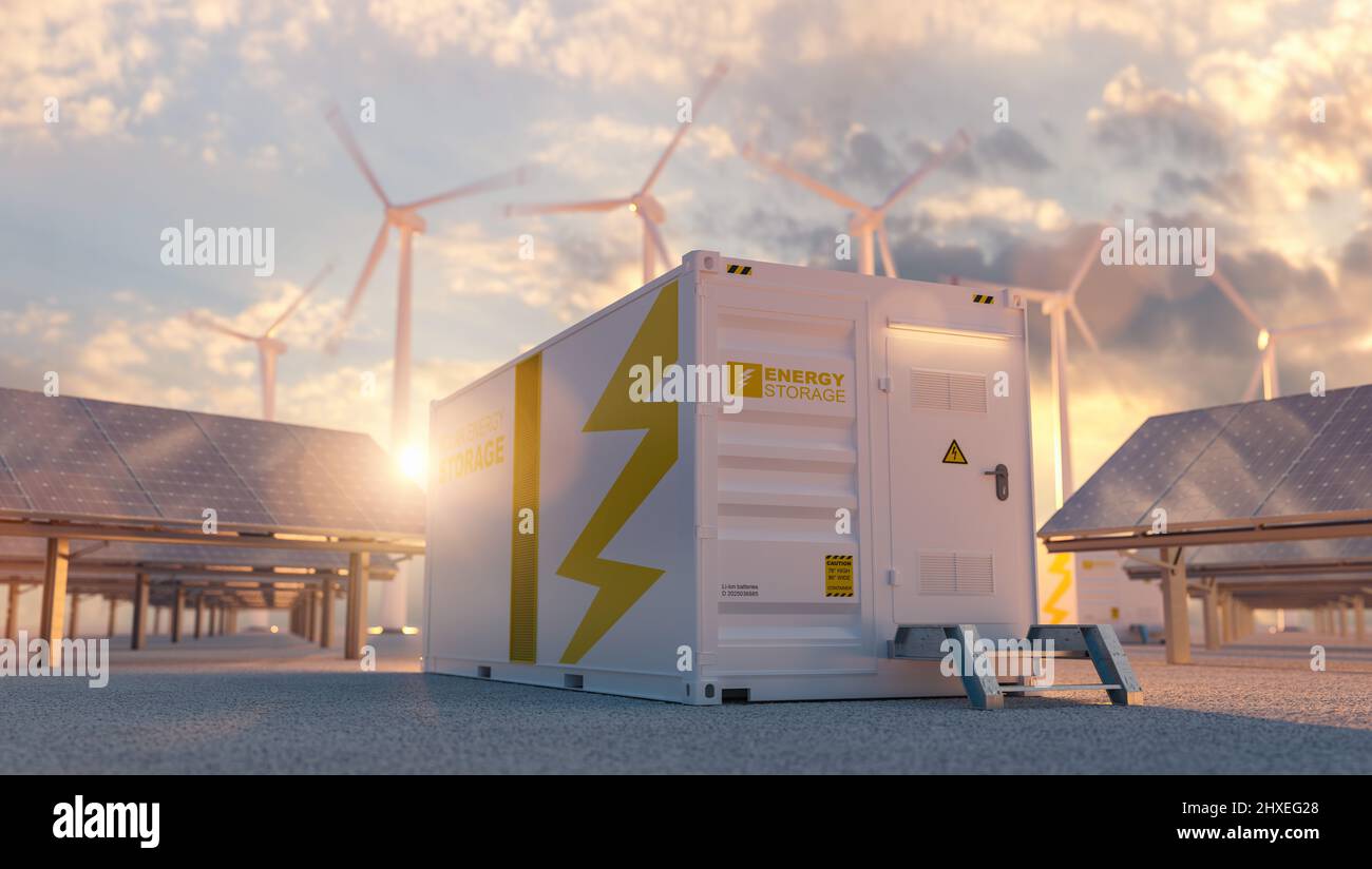 modern battery energy storage system with wind turbines and solar panel ...