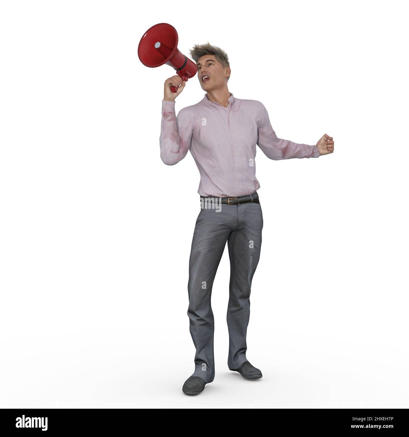 3D Render : A man with a megaphone in his hand is shouting, isolated ...