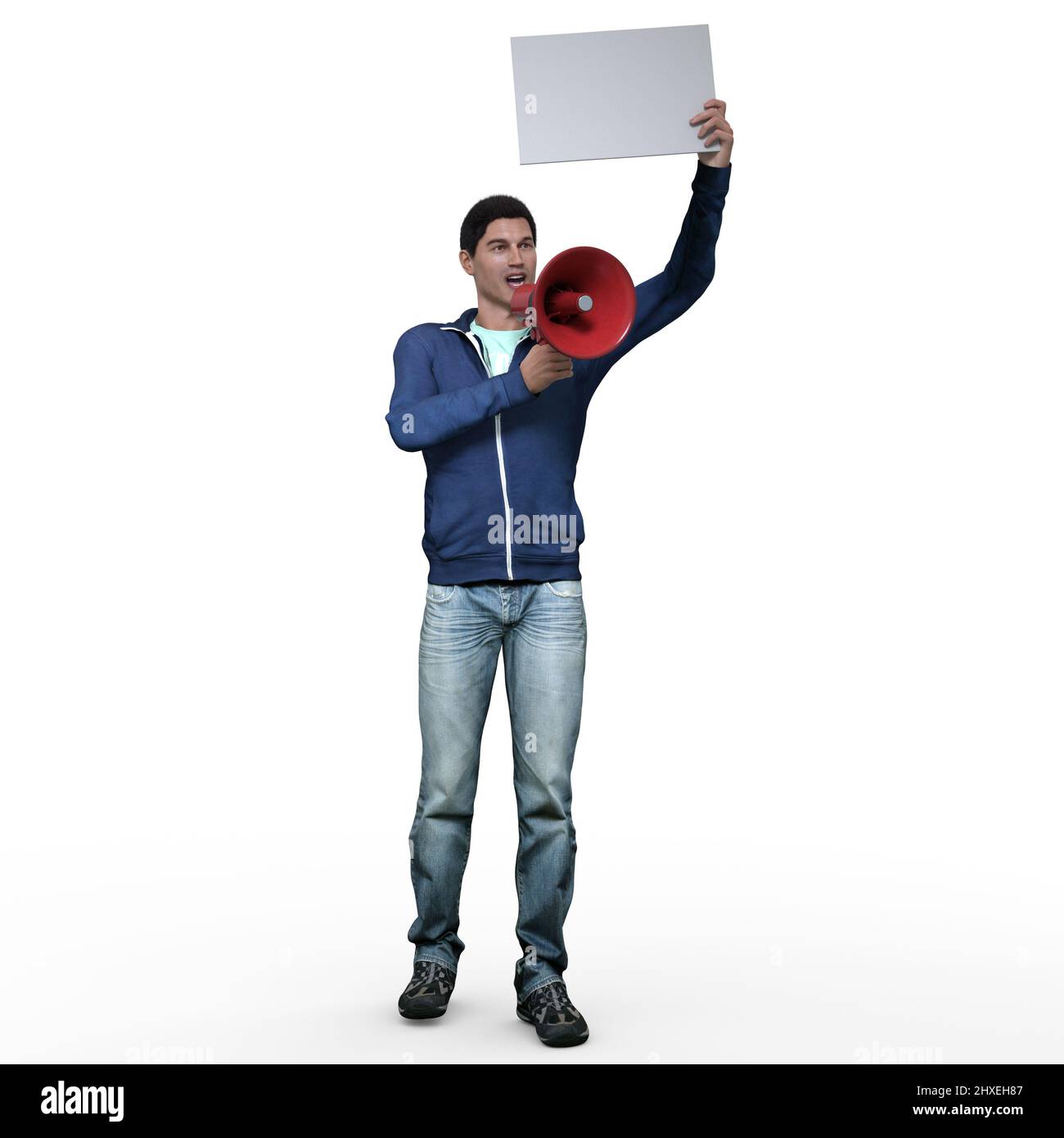 3D Render : A man with a megaphone in his hand is shouting, isolated ...