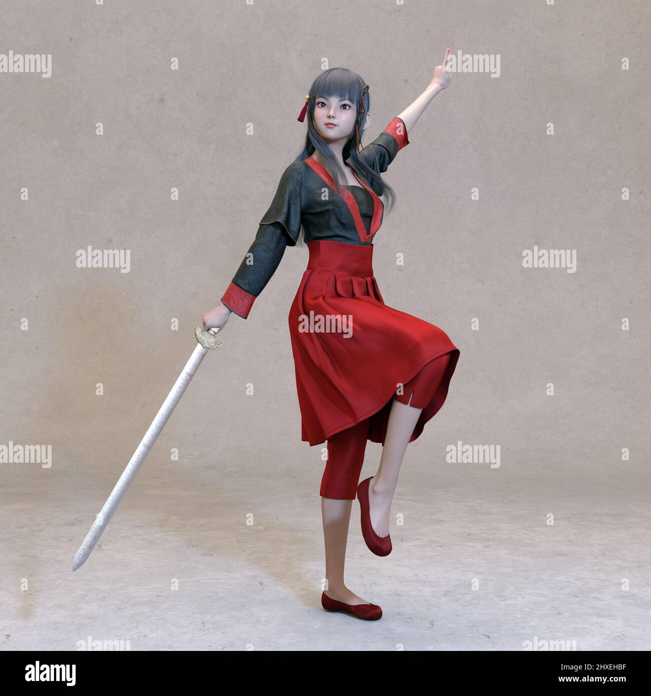 3D render : the portrait of an anime girl pose as the anime fighter ...