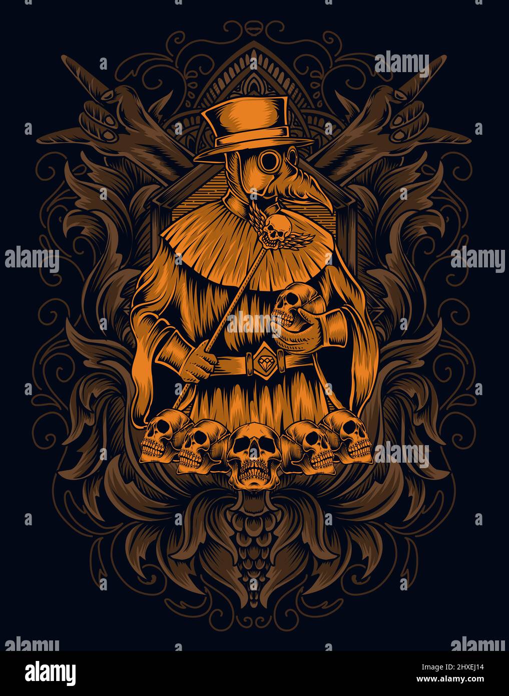 illustration scary plague doctor with skull on engraving ornament Stock ...
